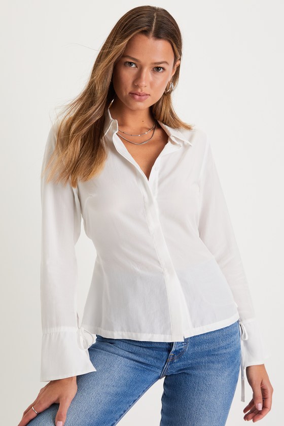 Ivory Collared Top - Button-Up Top - Long Sleeve Button Down Top - Lulus