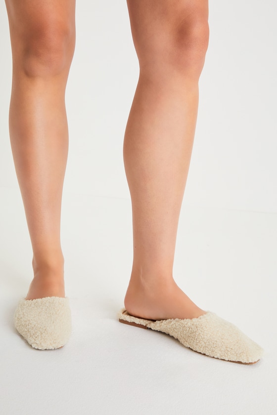 Beige Faux Fur Mules - Chic Mule Slides - Square Toe Slides - Lulus