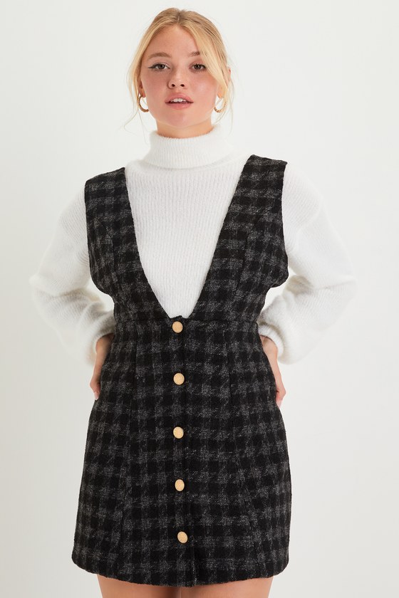 Cute Black Plaid Dress - Plaid Tweed Dress - Pinafore Mini Dress - Lulus
