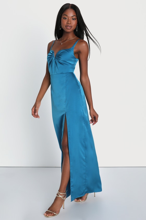 Blue Satin Maxi Dress Sleeveless A Line Dress Satin Gown Lulus