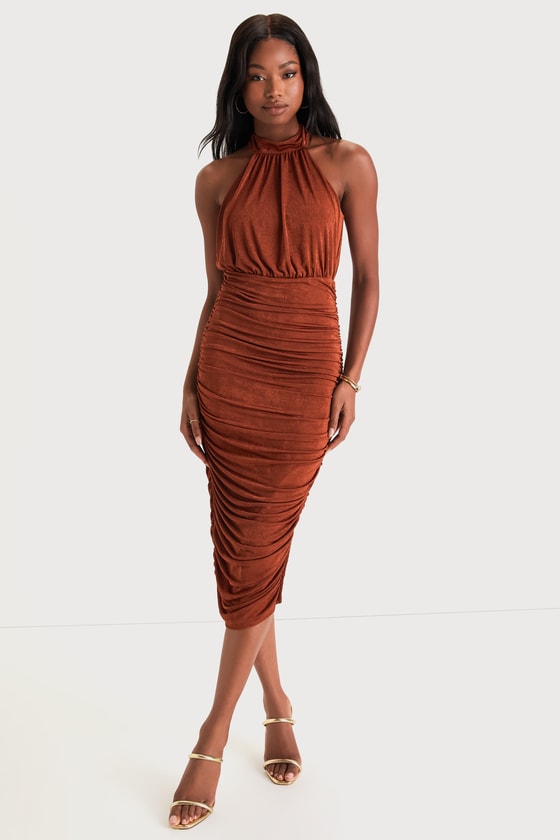 Flirty Rust Dress - Ruched Bodycon Dress - Halter Neck Dress - Lulus