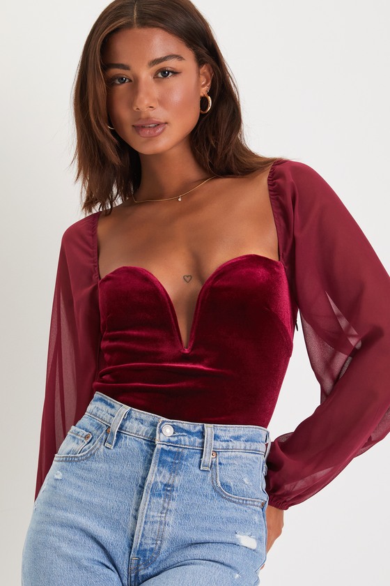 Wine Red Bodysuit Red Velvet Bodysuit Sheer Sleeves Bodysuit Lulus