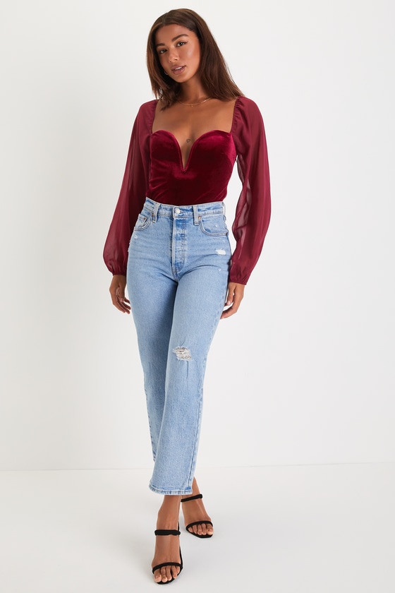 Wine Red Bodysuit Red Velvet Bodysuit Sheer Sleeves Bodysuit Lulus