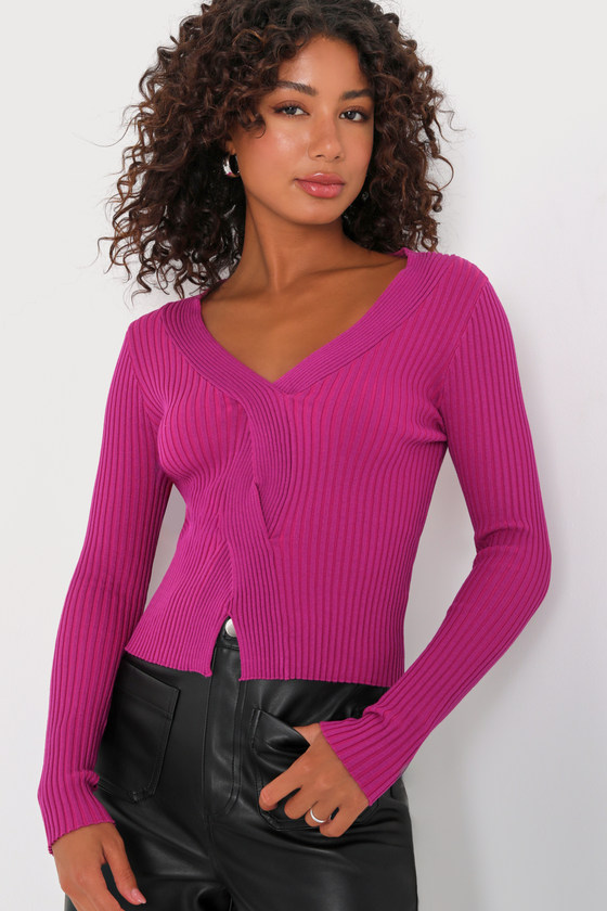 Magenta Ribbed Knit Top - Long Sleeve Top - V-Neck Sweater Top - Lulus