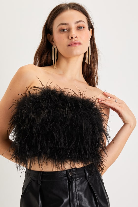 Chic Black Top - Strapless Crop Top - Feather Top - Lulus