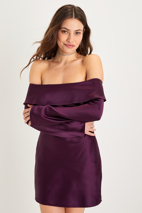 Plum Purple Mini Dress - Satin Mini Dress - Foldover OTS Dress - Lulus