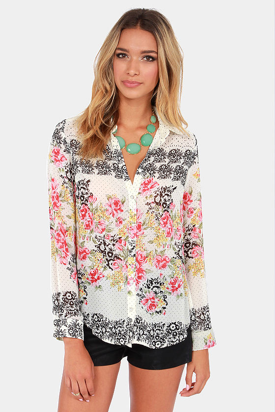 Cute Floral Print Top Button Up Top Ivory Top 49 00 Lulus