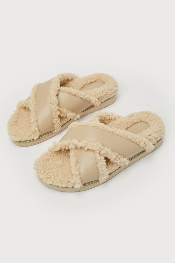 Billini Zelie Fawn - Beige Slides - Faux Fur Slides - Slides - Lulus