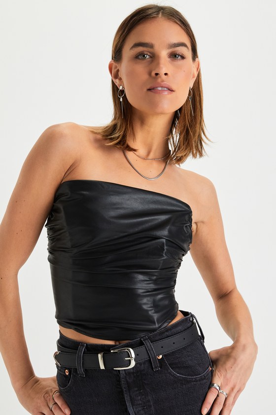 NIA Tina Corset - Black Strapless Top - Vegan Leather Top - Lulus