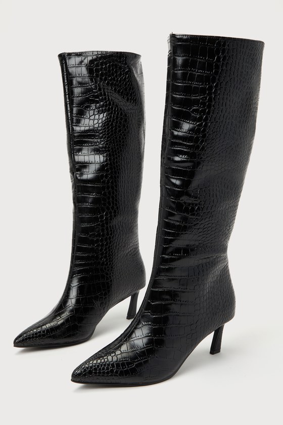 Steve Madden Lavan - Black Croc Leather Boots - Knee-High Boots - Lulus