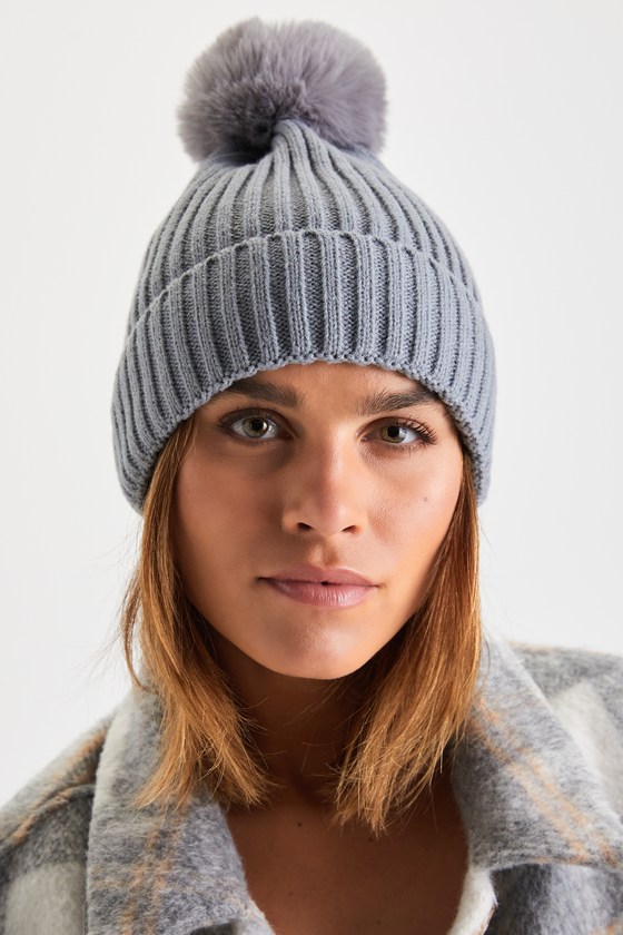 Grey Ribbed Beanie - Pom Pom Beanie - Ribbed Knit Beanie - Lulus