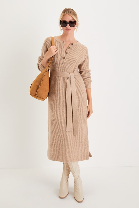 Beige Long Sleeve Dress -Henley Sweater Dress - Knit Midi Dress - Lulus
