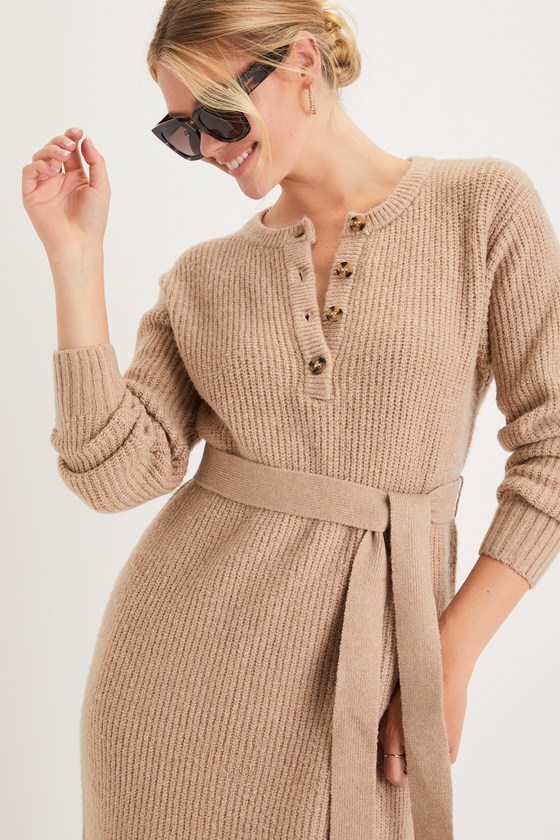Beige Long Sleeve Dress -Henley Sweater Dress - Knit Midi Dress - Lulus