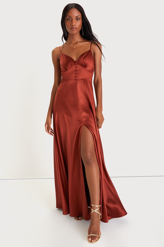 Rust Brown Maxi Dress - Satin Maxi Dress - Sleeveless Maxi Dress - Lulus