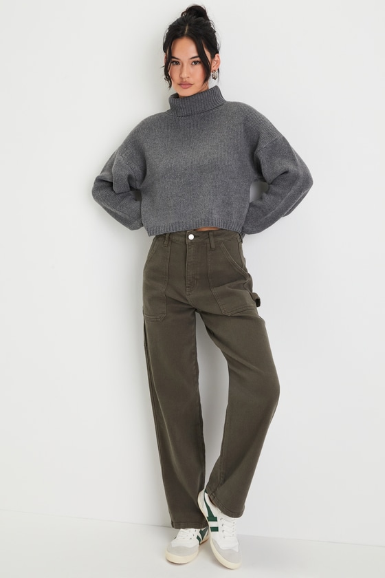 Dark Grey Cropped Sweater - Pullover Sweater - Turtleneck Sweater - Lulus