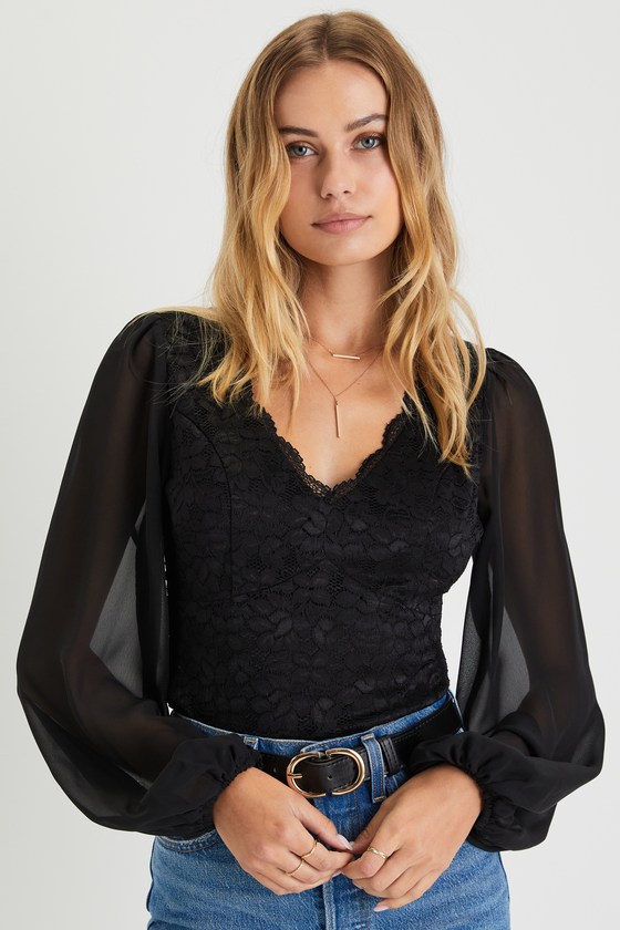Chic Black Top - Sheer Lace Top - Balloon Sleeve Top - Lulus