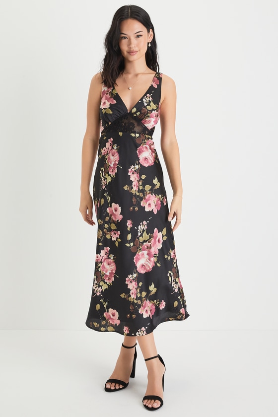 Black Floral Print Dress Satin Slip Dress Sleeveless Dress Lulus