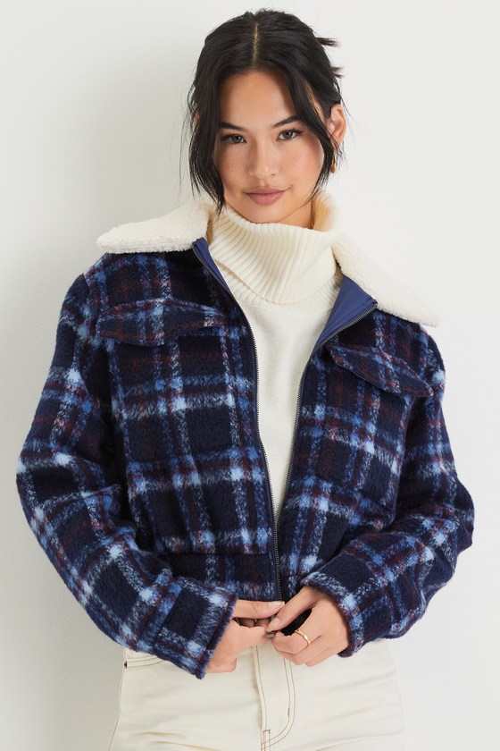 Navy Blue Plaid Jacket - Bomber Jacket - Shearling Jacket - Lulus