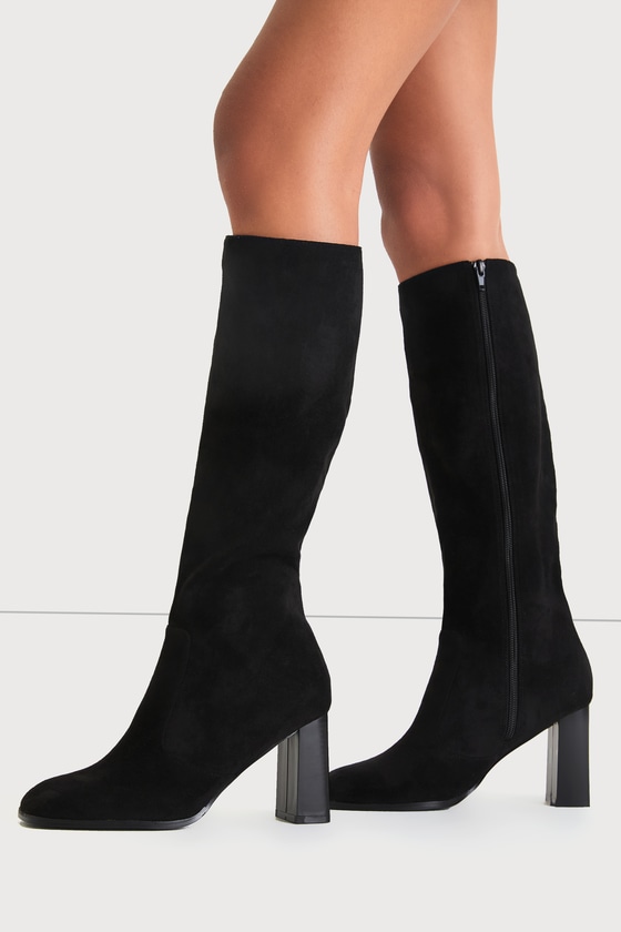 Black Suede High Heel Boots - Knee-High Boots - Square Toe Boots - Lulus
