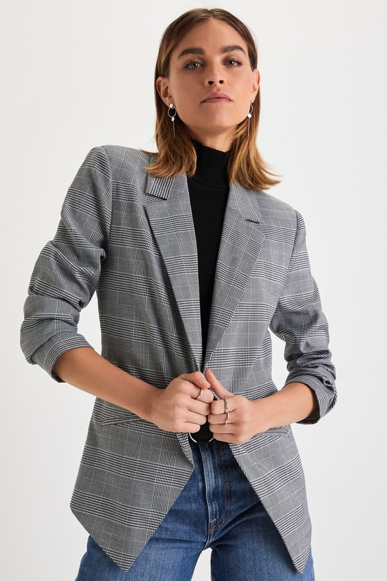 Grey Plaid Blazer - Open-Front Blazer - Pointed Hem Blazer - Lulus