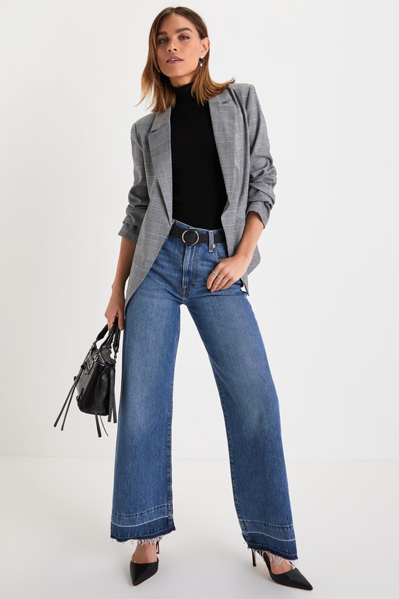 Grey Plaid Blazer - Open-Front Blazer - Pointed Hem Blazer - Lulus