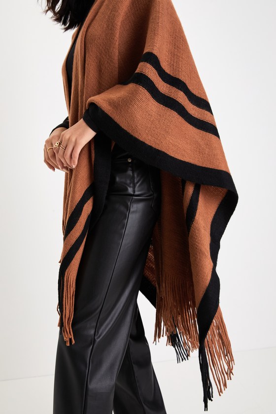 Cozy Brown Striped Knit Scarf - Wrap Poncho - Wrap Scarf - Lulus