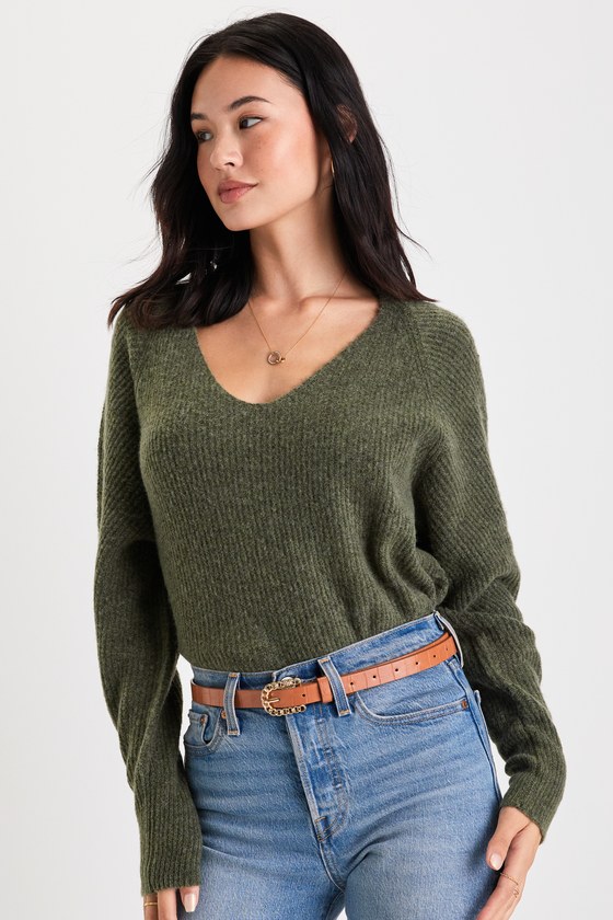 Olive Green Sweater - Long Sleeve Sweater - V-Neck Sweater - Lulus