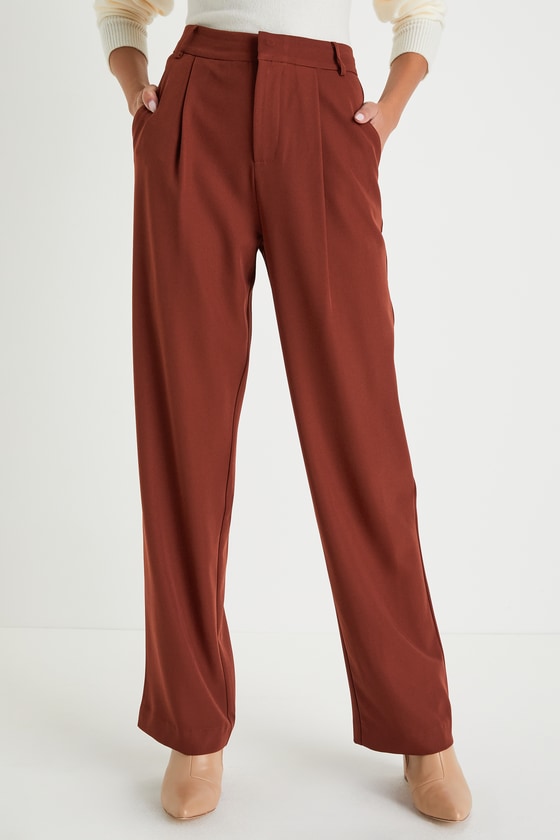 Rust Pants - High-Rise Pants - Pleated Straight Leg Trouser Pants - Lulus