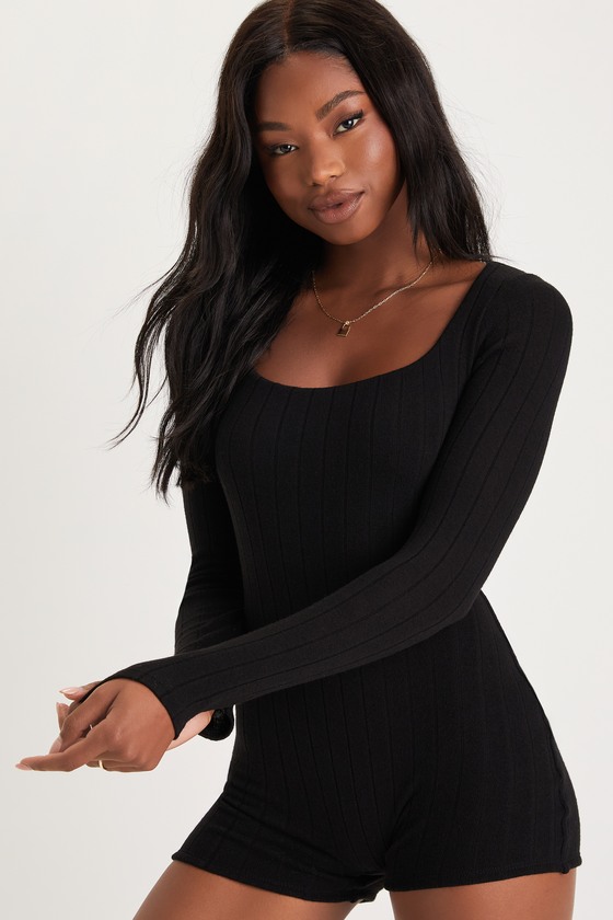 Black Lounge Romper - Ribbed Knit Romper - Long Sleeve Romper - Lulus