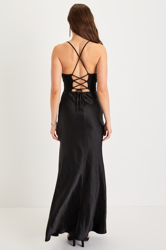 Black Maxi Dress - Satin Lace Dress - Lace-Up Maxi Dress - Lulus