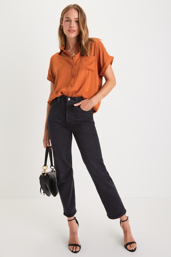 Classic Rust Brown Top - Button-Up Top - Short Sleeve Top - Top - Lulus