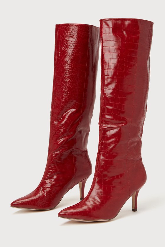 Red Croc-Embossed Boots - Knee-High Boots - Kitten Heel Boots - Lulus