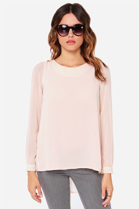 Light Peach Top - Long Sleeve Top - Peach Blouse - $42.00