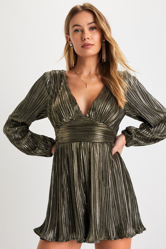 Gold Pleated Romper - Plisse Romper - Shiny Gold Romper - Lulus