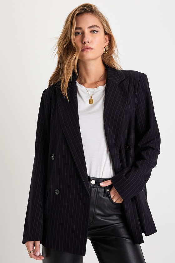 Navy Blue Pinstripe Blazer - Oversized Blazer - Navy Blue Blazer - Lulus