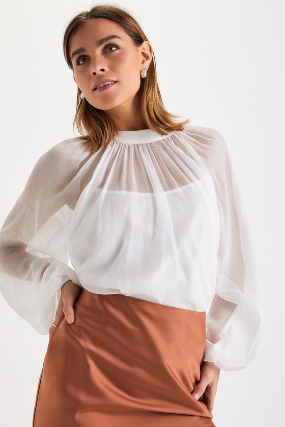 White Balloon Sleeve Top - Floaty Top - Long Sleeve Sheer Top - Lulus