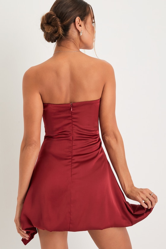 Wine Red Satin Dress - Bubble-Hem Mini Dress - Strapless Dress - Lulus