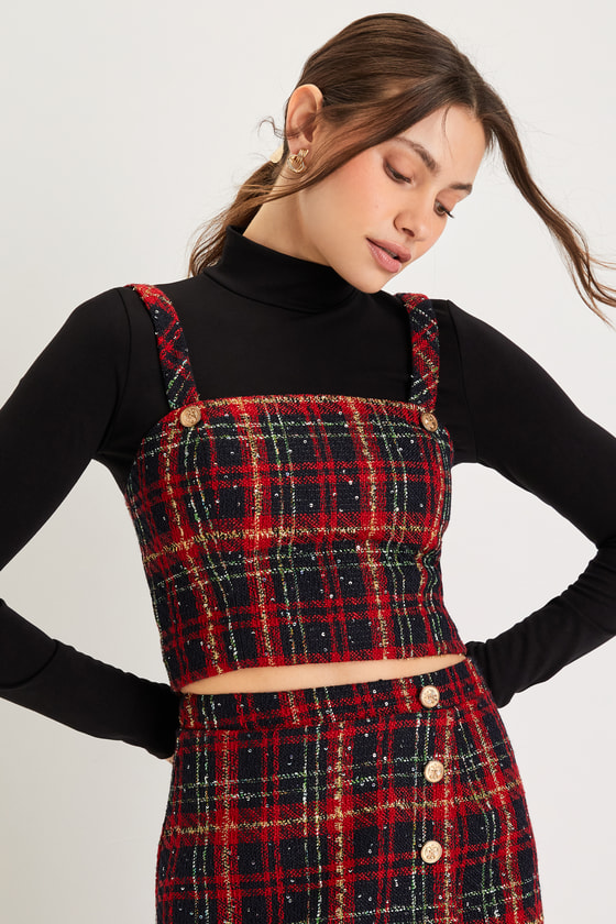 Navy Blue & Red Plaid Top - Tweed Top - Embellished Top - Lulus