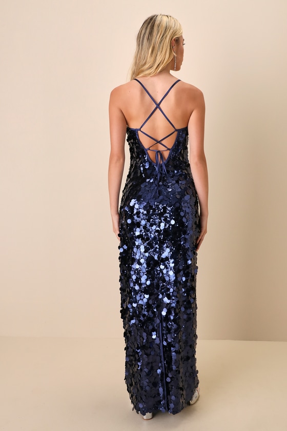Navy Blue Dress - Paillette Sequin Dress - Lace-Up Maxi Dress - Lulus