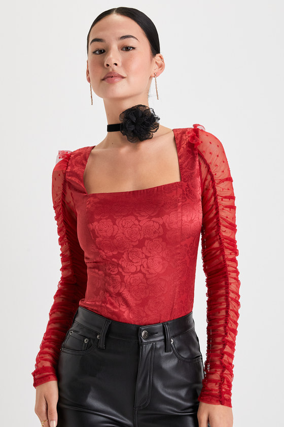 Red Satin Floral Jacquard Top - Mesh Long Sleeve Top - Bodysuit - Lulus