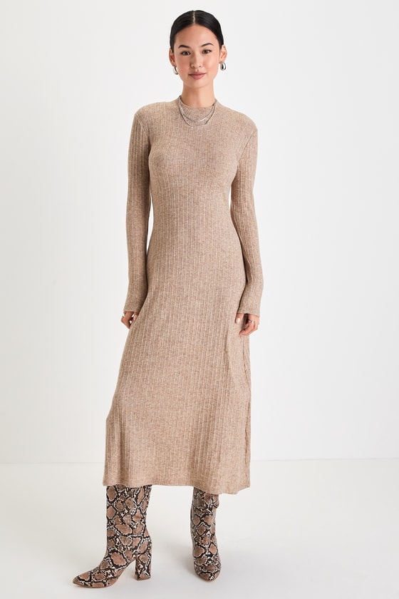 Heather Beige Dress - Ribbed Knit Midi Dress - Mock Neck Dress - Lulus