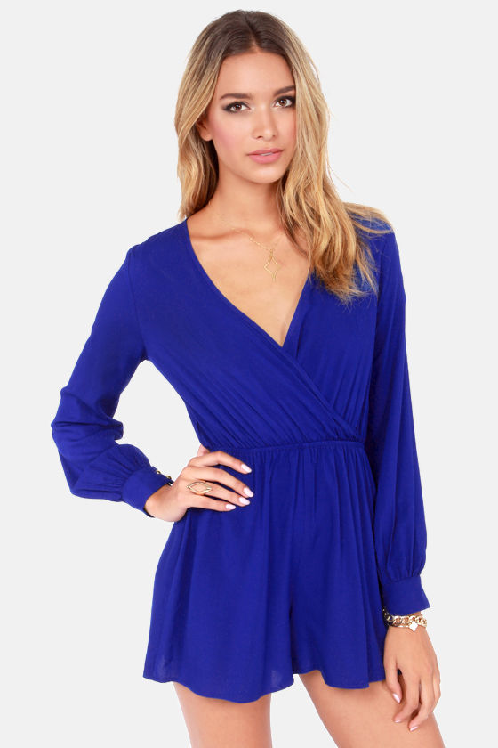 Cute Royal Blue Romper Long Sleeve Romper 42 00 Lulus