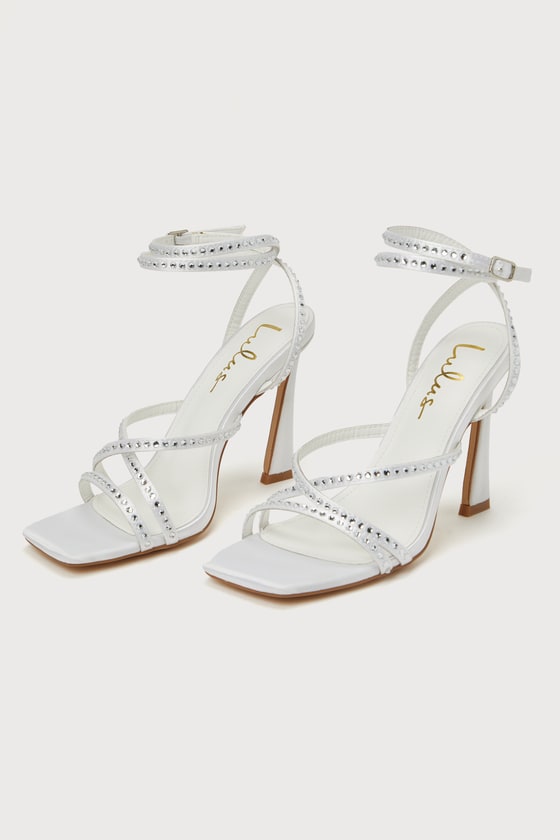 White Satin High Heels - Rhinestone Heels - Ankle Strap Sandals - Lulus