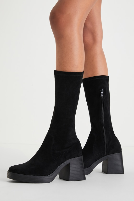 Black Suede Boots - Chunky Platform Boots - Mid-Calf Boots - Lulus