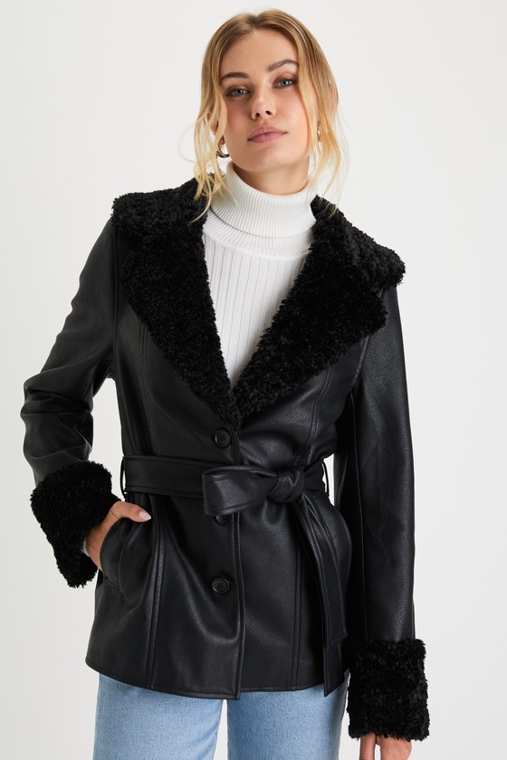 Black Vegan Leather Jacket - Fur-Trimmed Jacket - Belted Jacket - Lulus