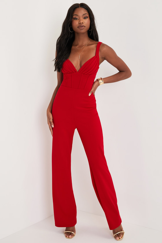 Red Pleated Jumpsuit - Bustier Jumpsuit - Sleeveless Jumpsuit - Lulus
