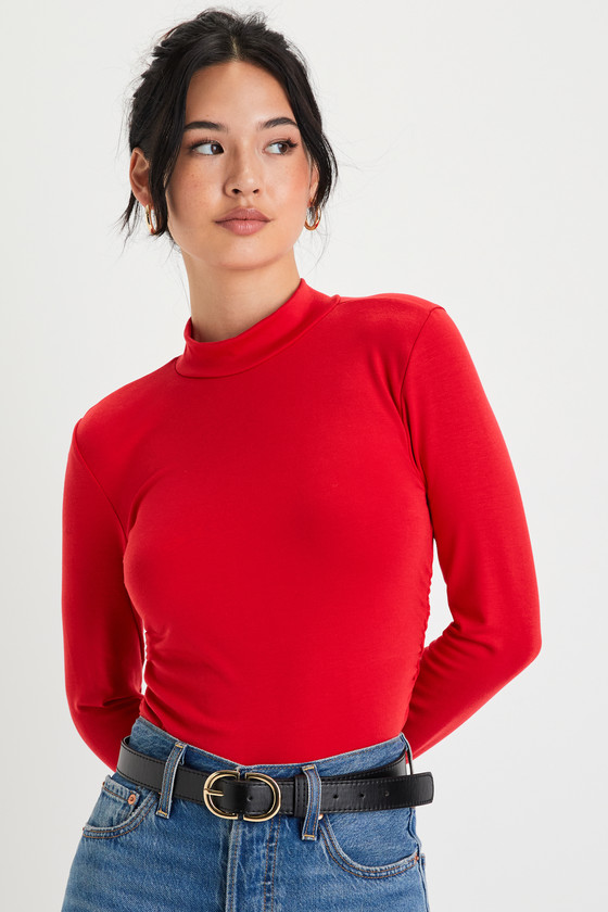 Chic Red Top - Ruched Long Sleeve Top - Mock Neck Top - Lulus
