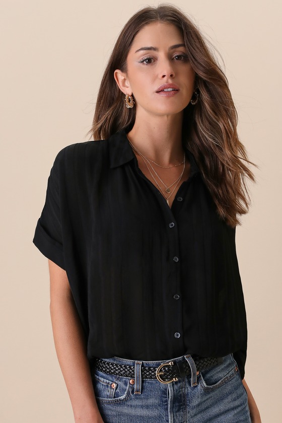 Cute Black Tee - Button-Up Top - Short Sleeve Top - Collared Top - Lulus