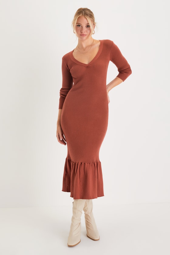 Rust Brown Dress - Ribbed Knit Dress - Tiered Sweater Dress - Lulus