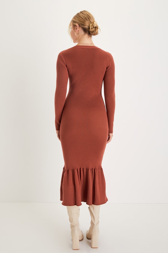 Rust Brown Dress - Ribbed Knit Dress - Tiered Sweater Dress - Lulus